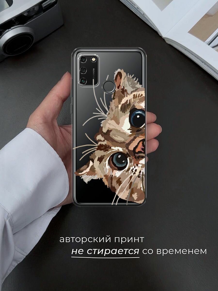 Чехол на Honor 9A / Хонор 9А с принтом "Любопытный кот", прозрачный — фото 1
