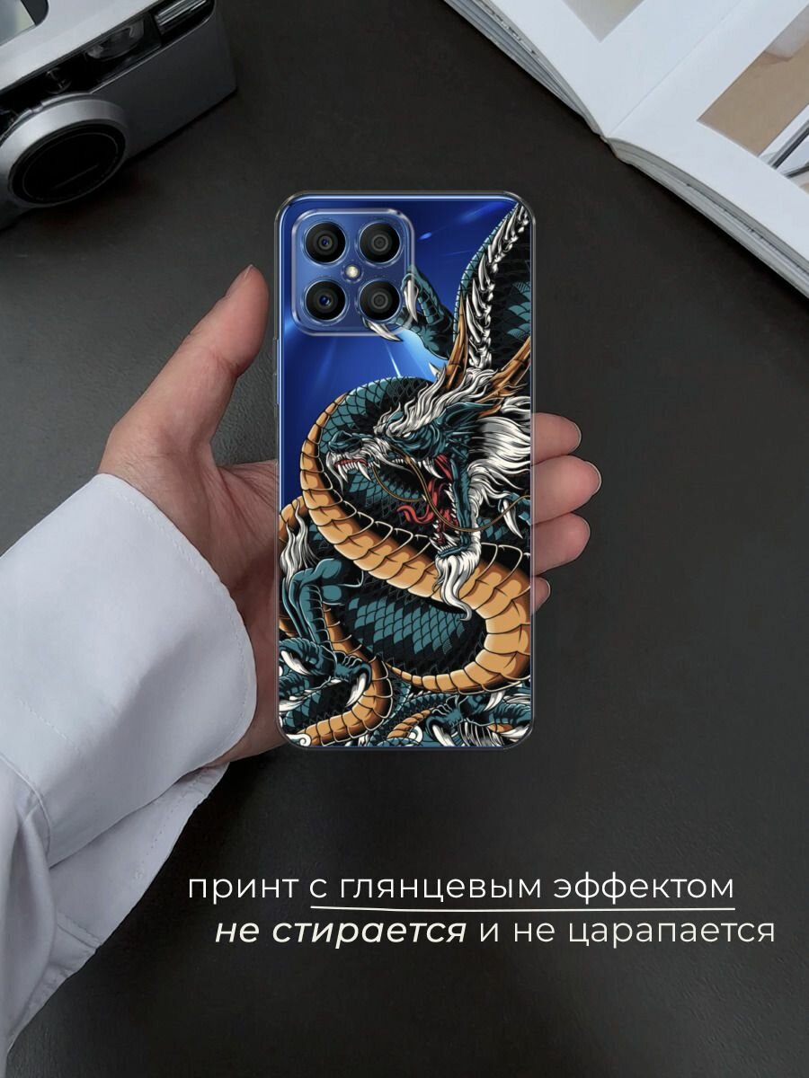 Чехол на Honor X8 / Хуавей X8 с принтом "Китайский синий дракон" — фото 1