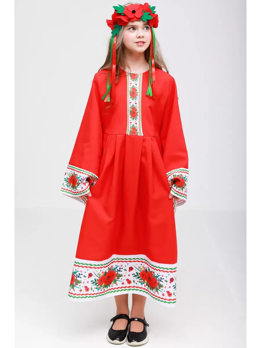 Русский народный костюм платье с венком, красный, M (116-122 см)
