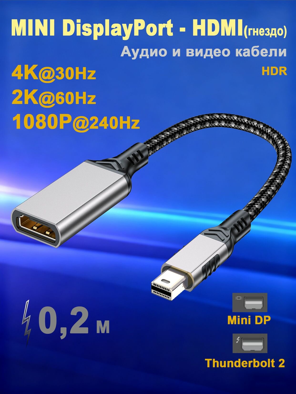 Кабель Mini DP to HDMI 4K@30Hz 10bit HDR 3D, разделение экрана, нейлоновая оплетка, совместим с Thunderbolt 2