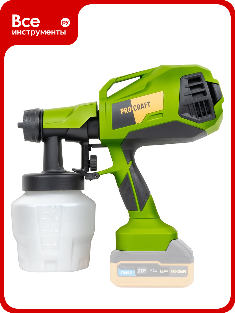 Краскопульт аккумуляторный PROCRAFT 20В, 750 мл/мин, без АКБ и ЗУ PSE30