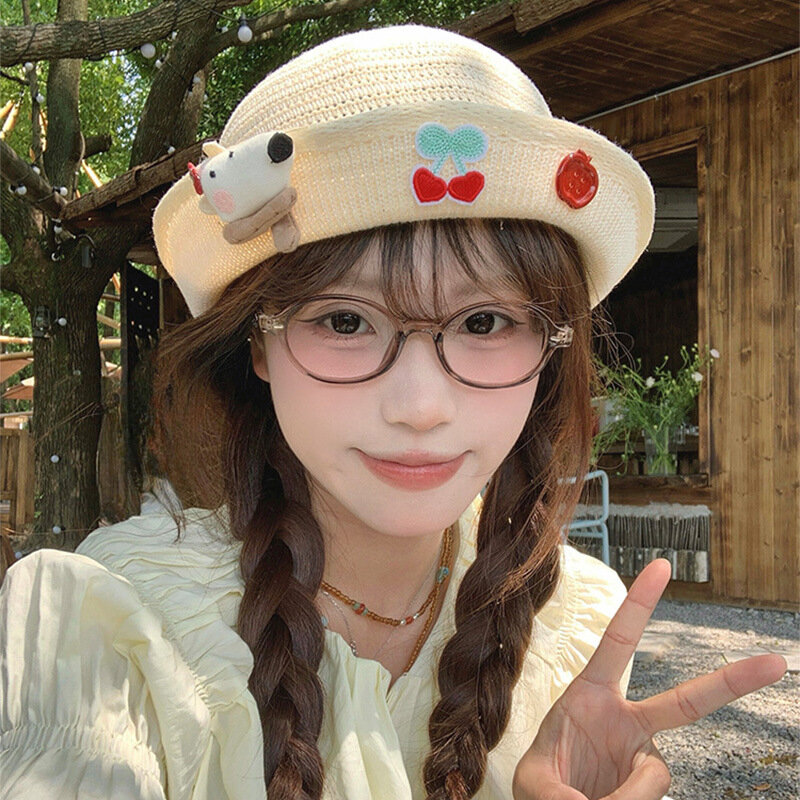Летняя японская милая и милая рыбацкая шляпа с откидными полями для щенка вишни, женская мультяшная полые цилиндры, дышащая шляпа с зонтиком от солнца