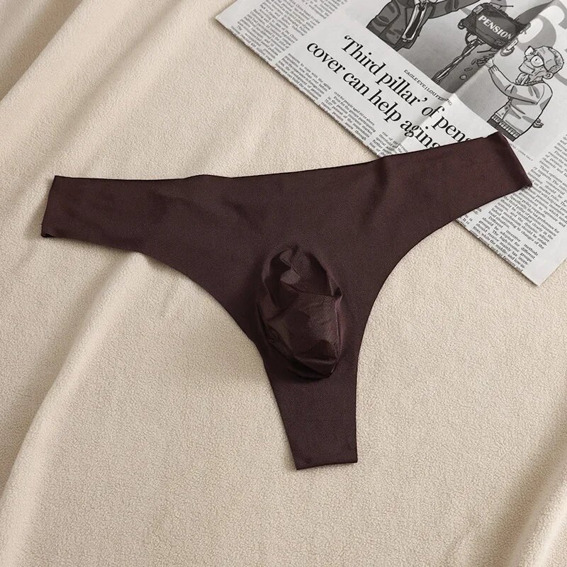 Мужские трусы-стринги с анатомическим мешочком из ледяного шелка, бесшовные, XXXL, Dark coffee