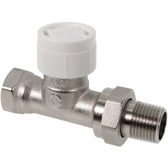 Вентиль Oventrop AVR 9, термостатический, с преднастройкой, прямой, DN-15, 1/2", 1/2", ВН, латунь никелированная, НГ со штуцером, белый колпачок