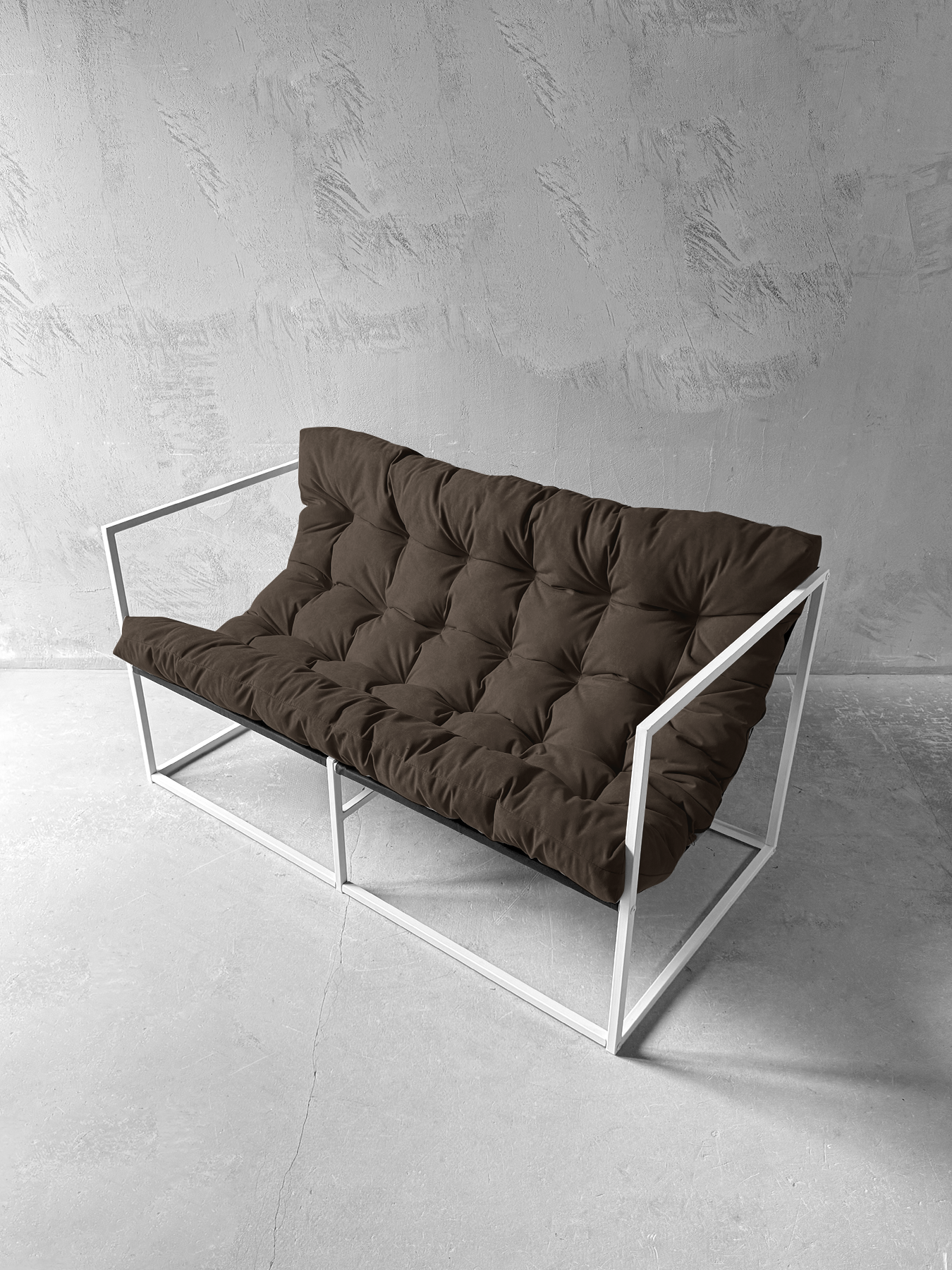 Диван лофт прямой, уличный, в офис, на балкон, на веранду, в гостинную, кухонный, Лофтовик + велюр коричневый , белый каркас