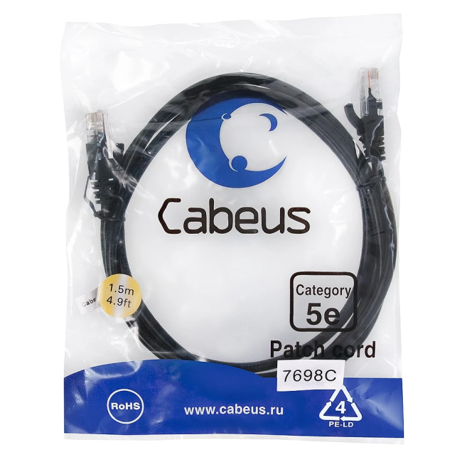 PC-UTP-RJ45-Cat.5e-1.5m-BK-LSZH Кабель патч-корд U/UTP 5e кат. 1,5м. Cabeus неэкранированный, черный