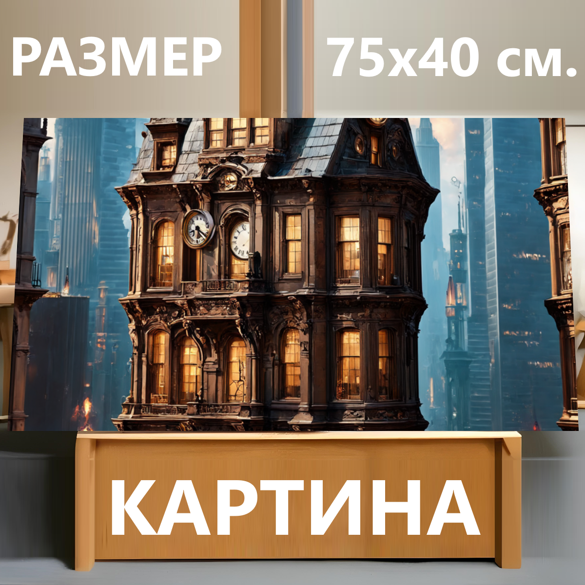 Картина на холсте "Город в стиле стимпанк, дизайнерские дома с необычными архитектурными элементами и часами" на подрамнике 75х40 см. для интерьера