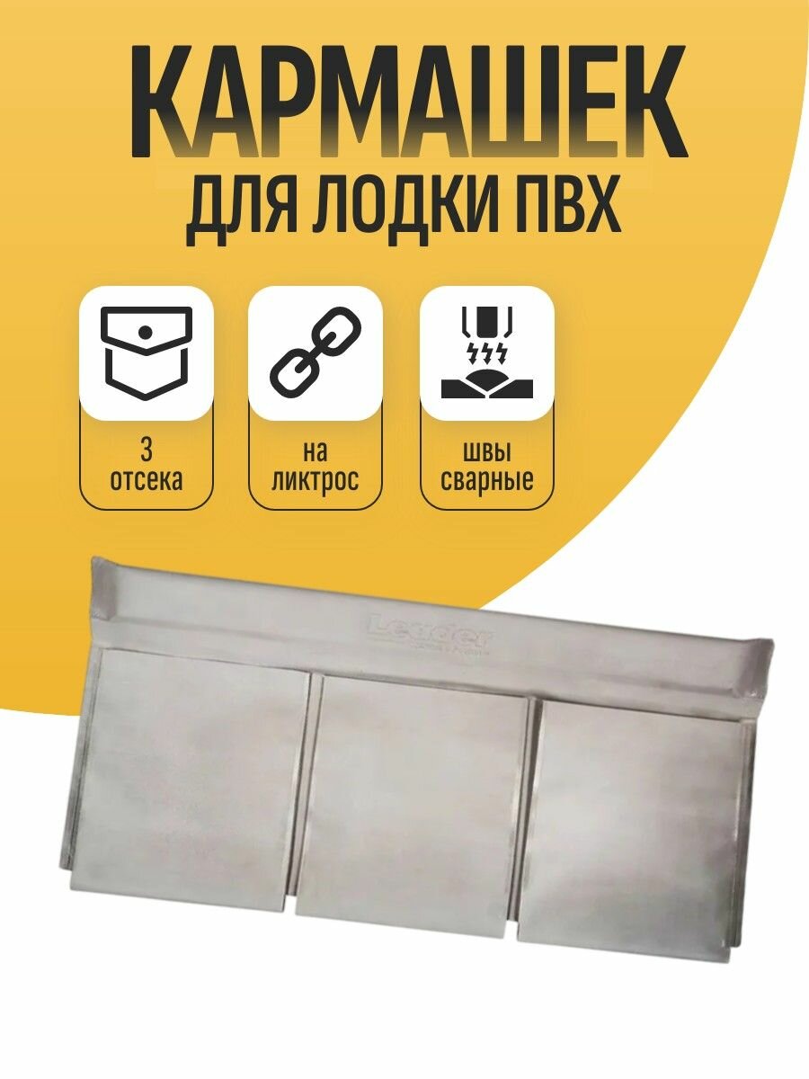 Кармашек для лодки ПВХ с 3-я отсеками на ликтрос серый малый, сварной шов, 21х48 см