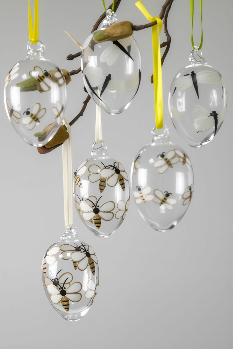 Набор ёлочных украшений-яиц пчёлки И стрекозы, стекло, 6 см, 6 шт, Winter Deco 4060256