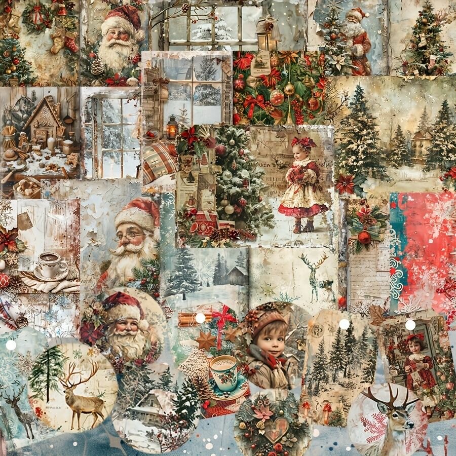 Набор для скрапбукинга и новогодних открыток, 52 элемента в вечернем стиле с Сантой и ёлкой, карточки и наклейки для декора альбома, джанк-журнала и праздничной упаковки
