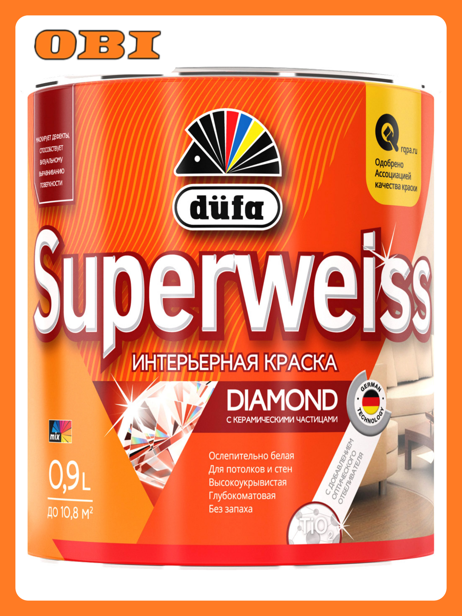 Краска Dufa SUPERWEISS RD4, интерьерная, матовая, белая, 0,9 л