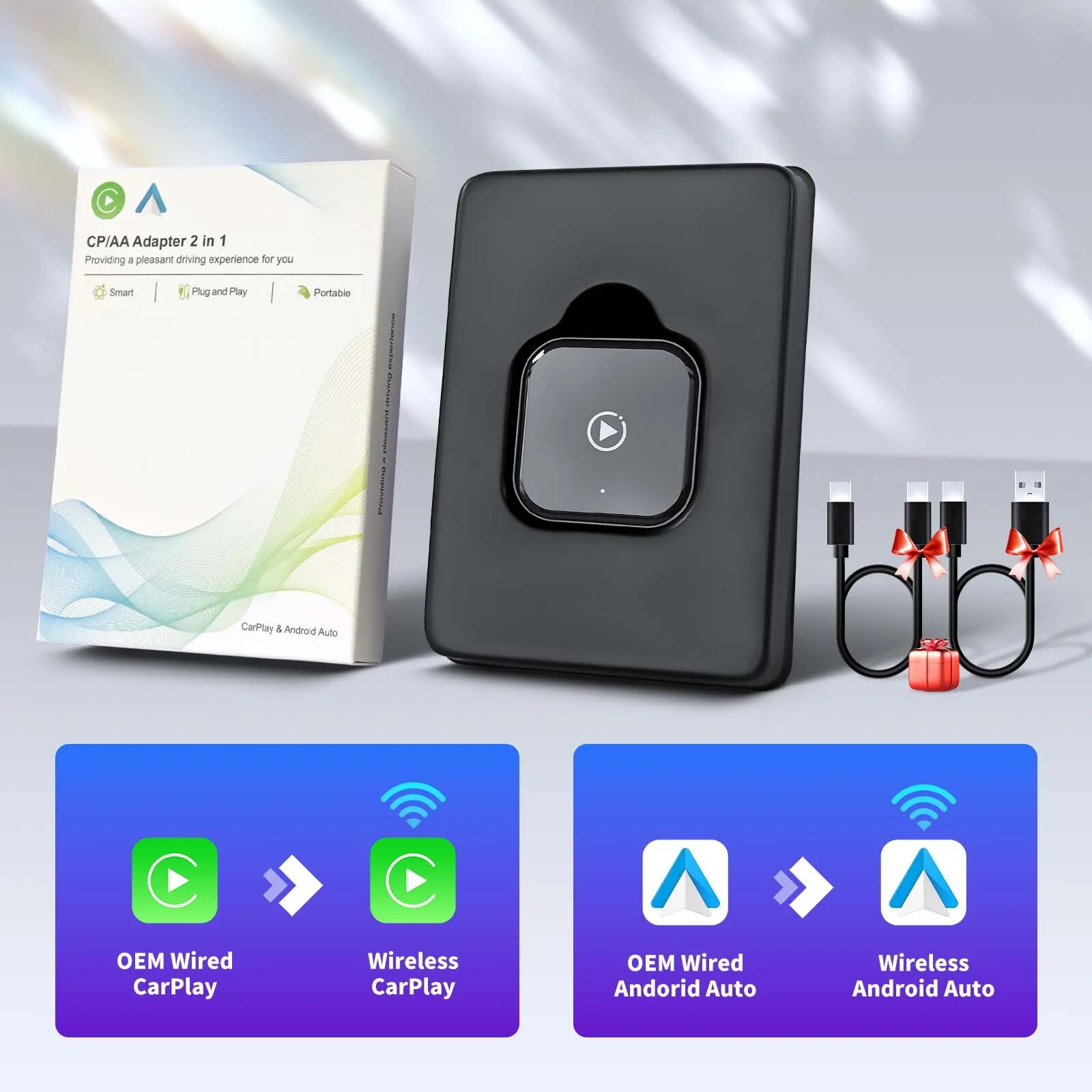 X-YUNS NEW 2025 Беспроводной адаптер Carplay Android Auto 2in1 Smart Mini Box WIFI BT Dongle Auto Connect для большинства моделей автомобилей