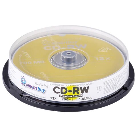 Диски CD-RW SMARTBUY, 700 Мб, 4-12x, Cake Box (упаковка на шпиле), комплект 10 шт, SBCD-RW10
