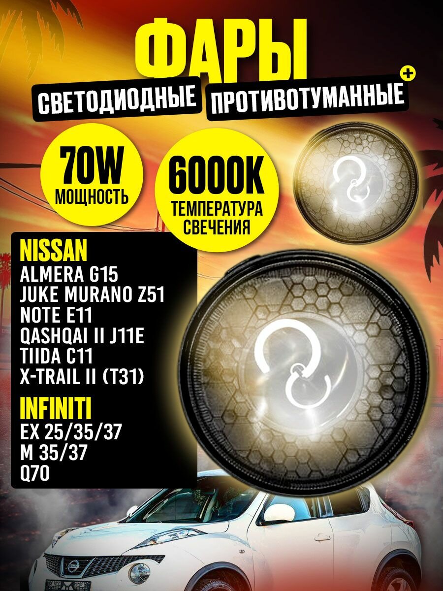 Фары противотуманные светодиодные линзованные 70W Nissan, Infiniti