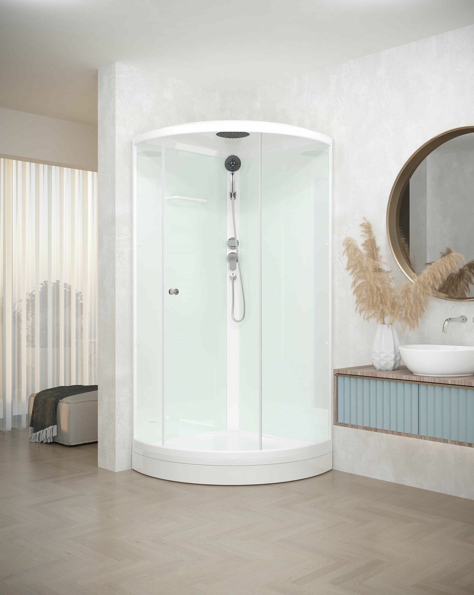 Душевая кабина Simple угловая белая 90х90, низкий поддон, прозрачное закаленное стекло 4 мм, с функцией тропический душ / душевой уголок в ванную комнату