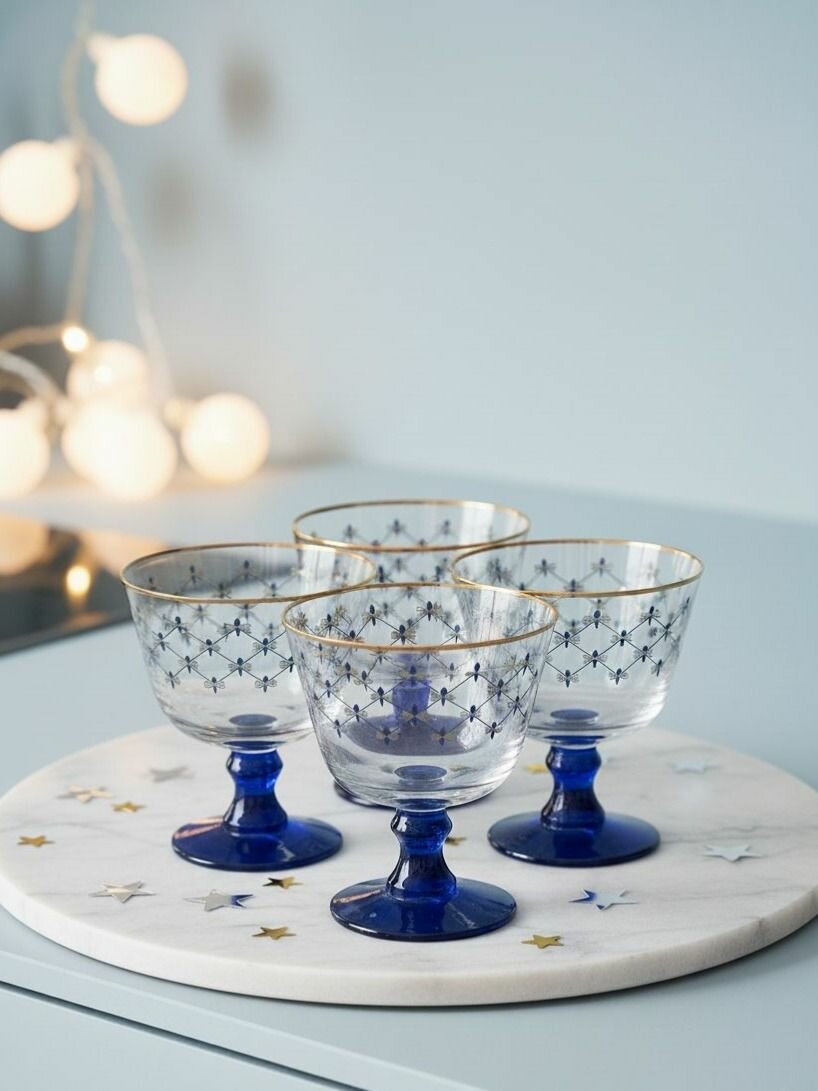 Набор из 4-х креманок 380 мл, рисунок "Кобальтовая сетка". Стекло. Императорский фарфоровый завод ИФЗ ЛФЗ