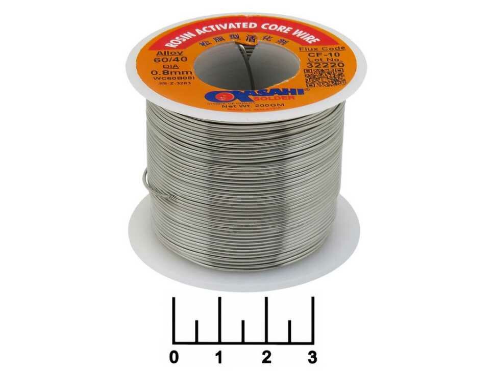 Припой 0.8мм 200гр олово(40%) свинец(60%) с канифолью Asahi на катушке