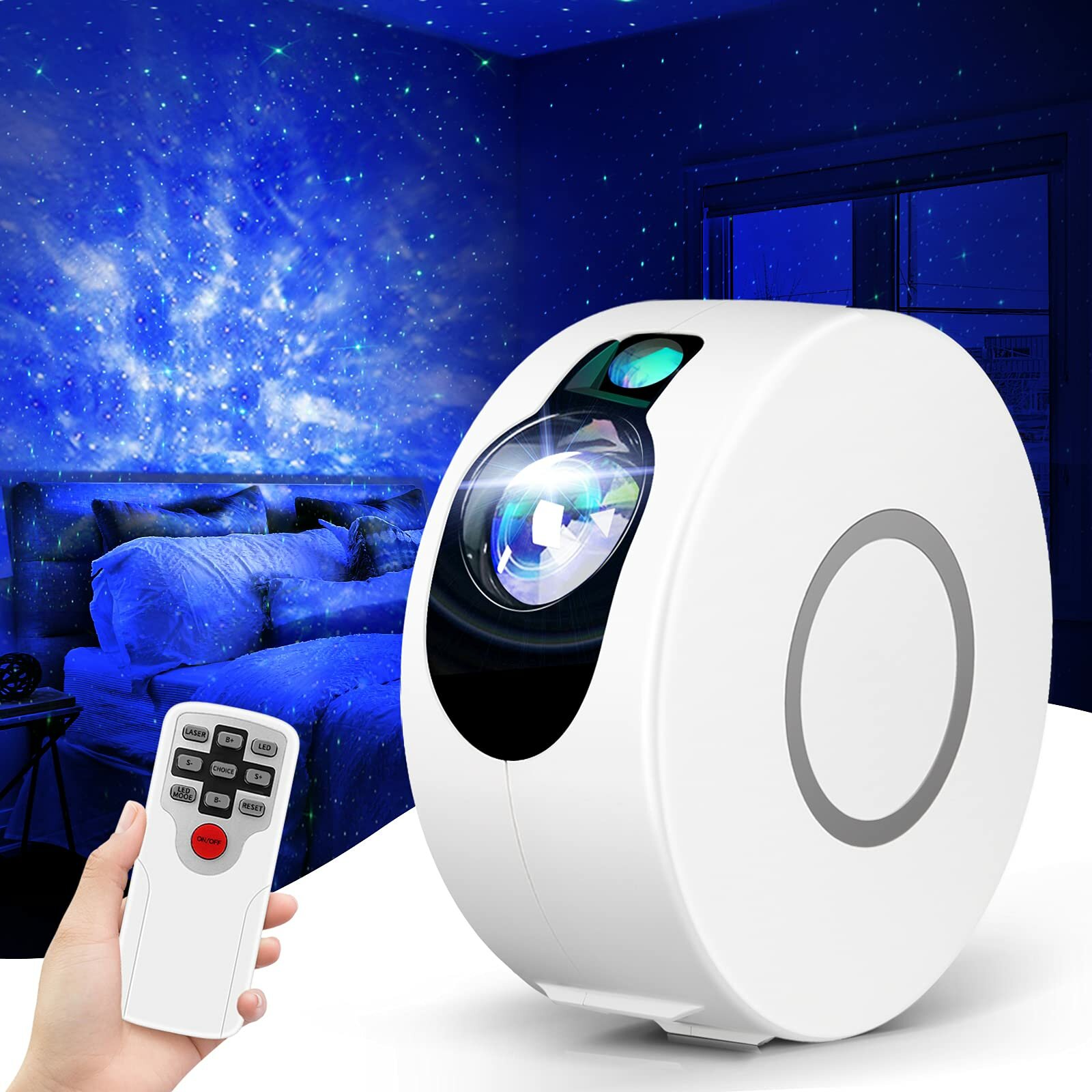 LED Night Light Projector, 2-in-1 Projector Stars Projector Light Star Night Galaxy Projector Light Sky Night для детей, взрослых, спальни, праздников (белый), лазер класса II, длина волны 523mm, мощность LED 5Вт, цвет звездного неба семь цветов
