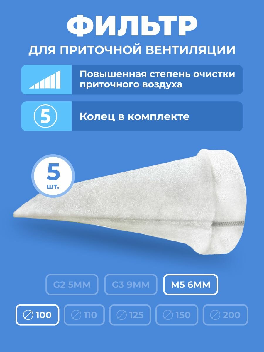 Фильтр канальный для приточной вентиляции 100 мм M5 с распорными кольцами для КИВ 5 штук в комплекте