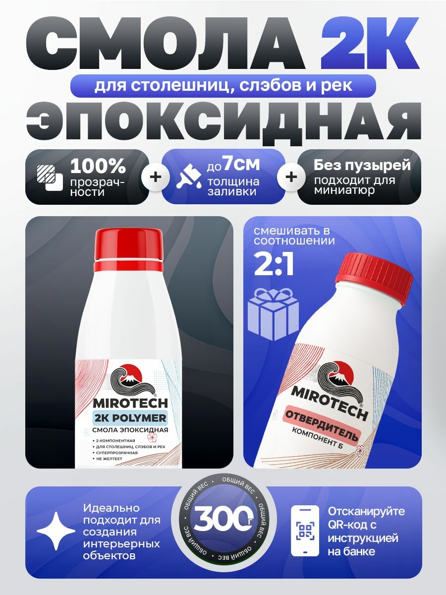 2К Эпоксидная смола MIROTECH для столешниц, слэбов и рек, двухкомпонентная кристально-прозрачная, самовыравнивающаяся высокопрочная, без запаха (0.2 кг+0.1 кг отвердитель).