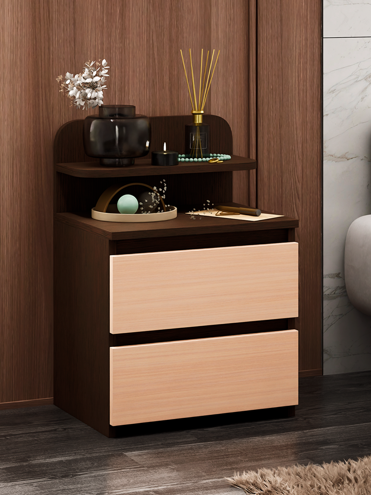 Тумба MFMaster Vitto-54, венге-дуб молочный, ЛДСП, для прихожей, гостиной, спальни, с полками, 2 ящика