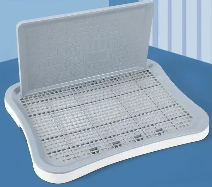 Лоток для собак под пеленку со стенкой и столбиком белый с серым