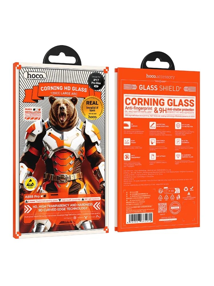 HOCO стекло для iPhone 17 Pro Max, Bear Shield series Corning full screen HD tempered glass Black