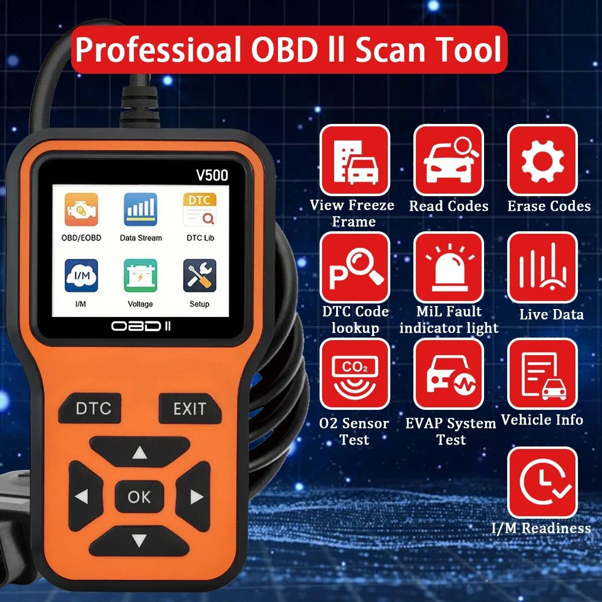 OBD2 сканер V500 с дисплеем, оранжевый