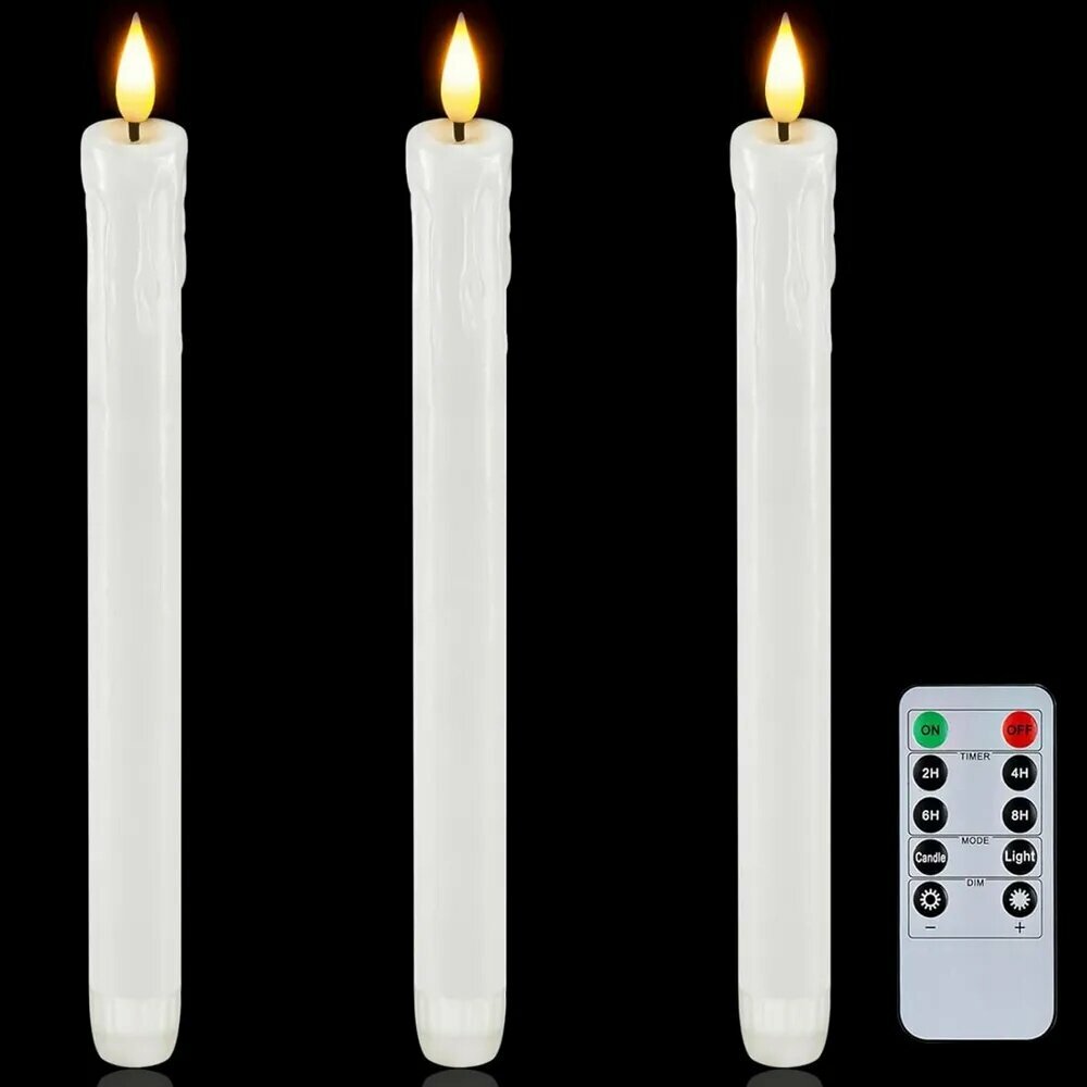 Homemory Светодиодные свечи с настоящим воском 3 шт, с пультом, таймером, диммером, мерцающие батарейные свечи для подоконника, свадьбы, декора (24.5cm, белые)