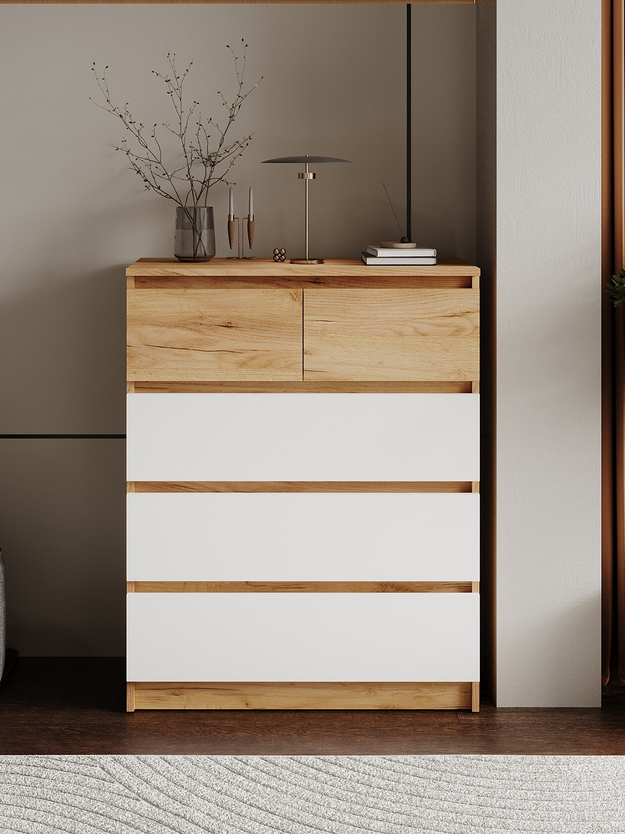 Комод для одежды и хранения вещей Бостон Лайт Миди с ящиками, 80х38.2х100.7 см, Дуб Крафт золотой / Белый