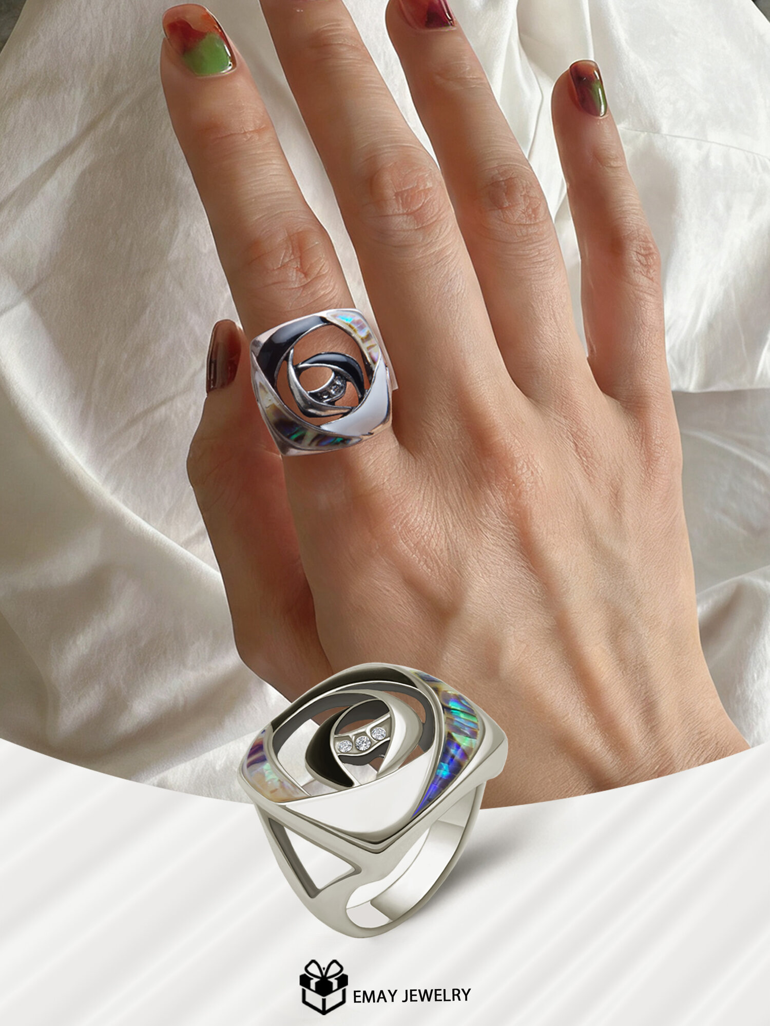 Кольцо, искусственный камень, перламутр, гелиотис