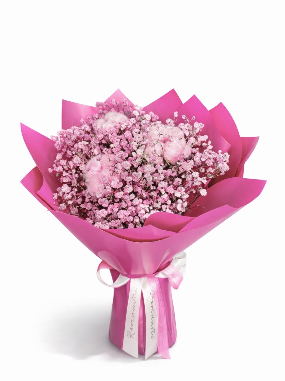 Букет «Розовый воздух» из хлопка и гипсофилы