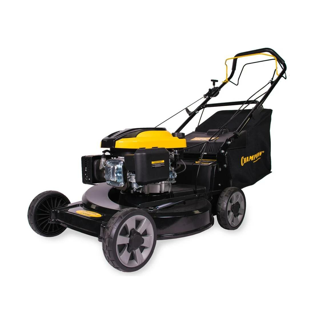 Газонокосилка бензиновая Champion LM5645, 6 л. с, бак 1 л, травосборник 75 л, 395 г/кВт·ч, мульчирование, черный/желтый