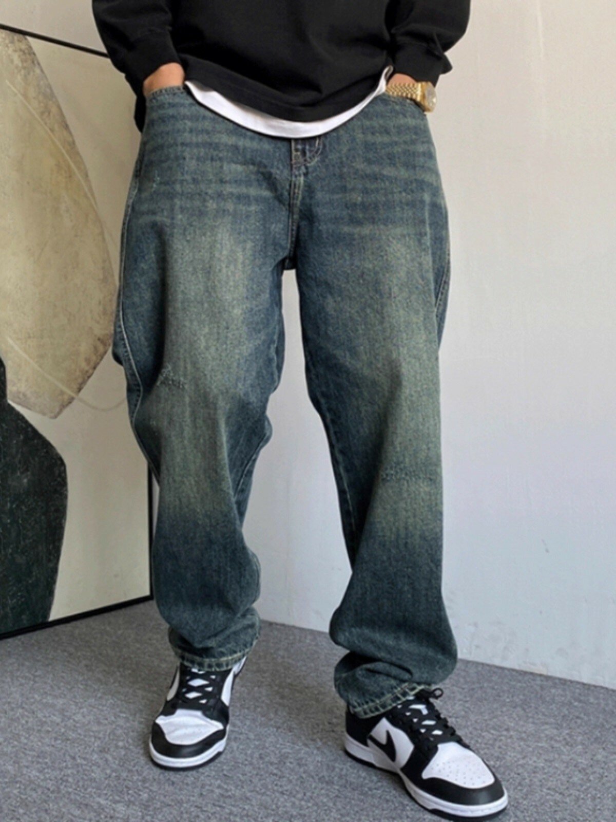 Мужские джинсы премиум-класса в винтажном стиле, свободные брюки большого размера прямого расклешенного кроя.