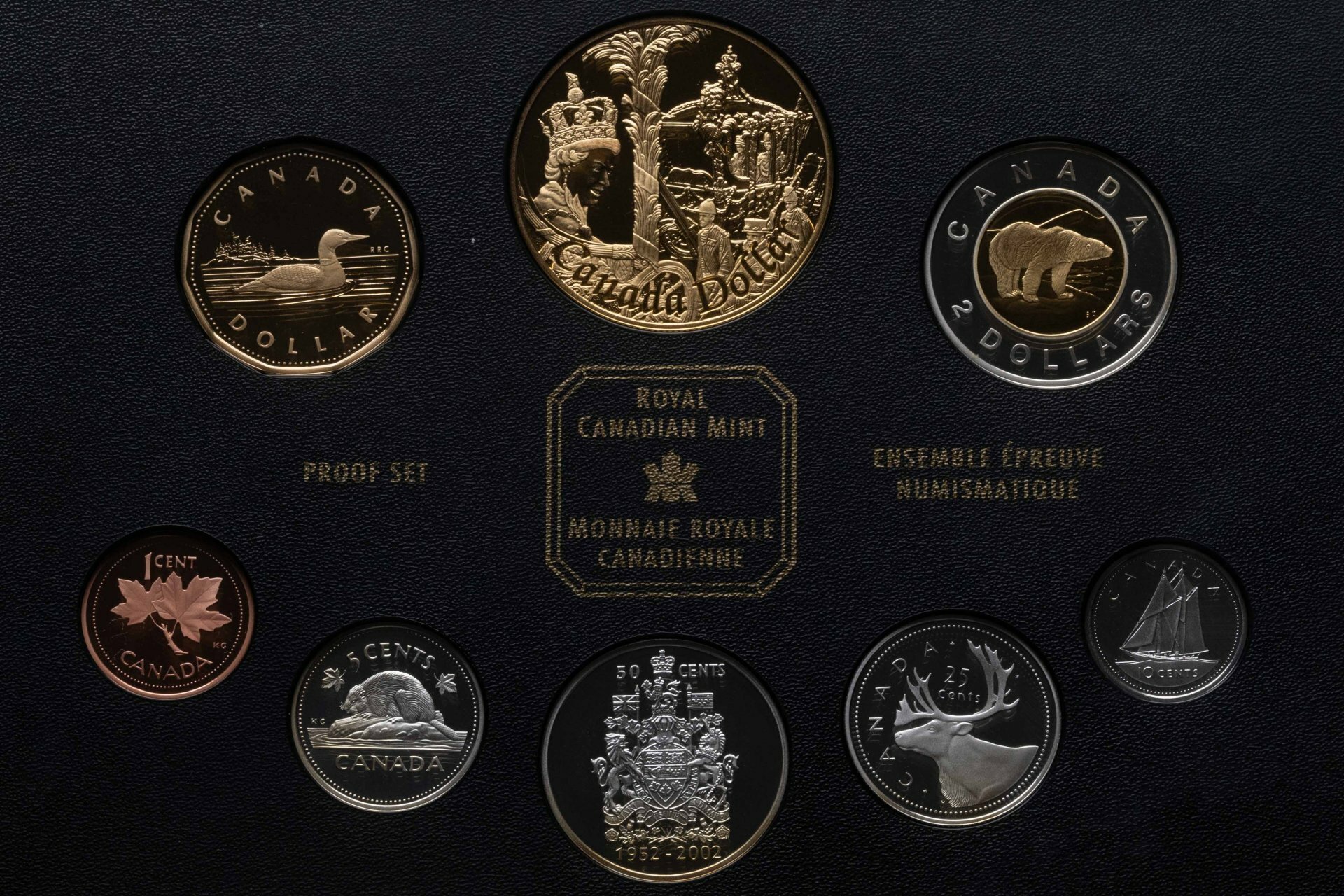 Канада полный набор монет 2002 "50 лет правления Елизаветы II" в футляре, Различные сплавы, в том числе 1 доллар - серебро 925 пробы 925, в сохранности Proof