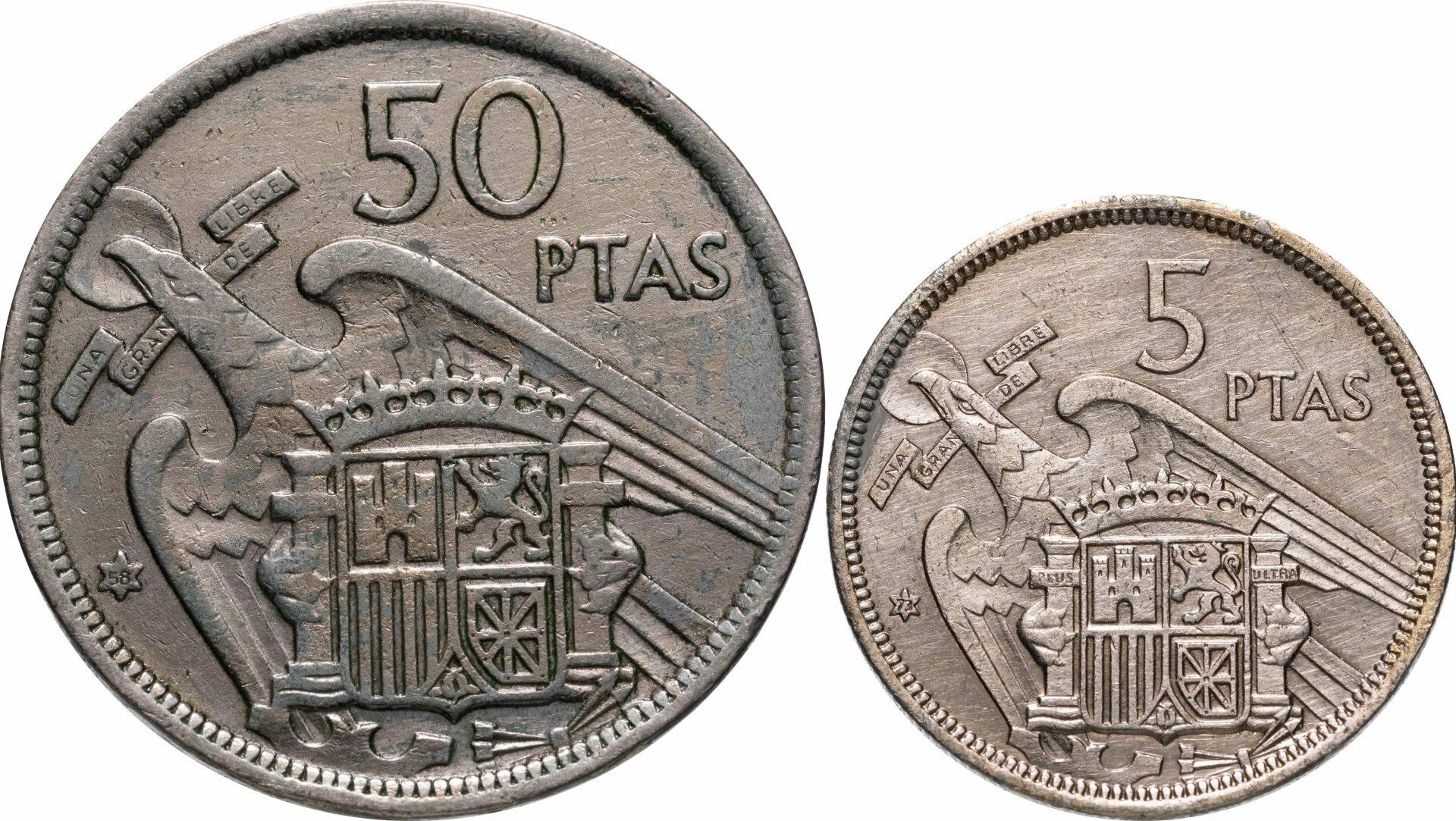 Испания набор из 2 монет 5 и 50 песет 1957, Мельхиор медь-никель, в сохранности VF
