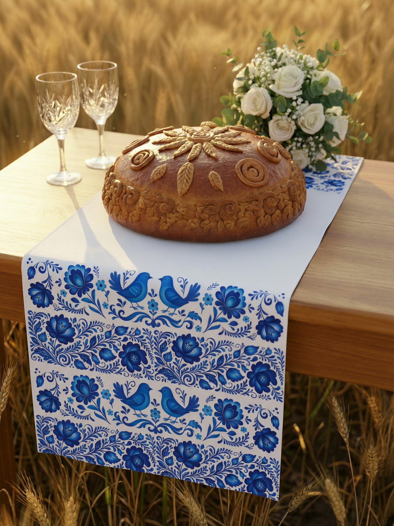 Рушник "Гжель и орнамент", 150x36 см, белый/синий, цвет: белый