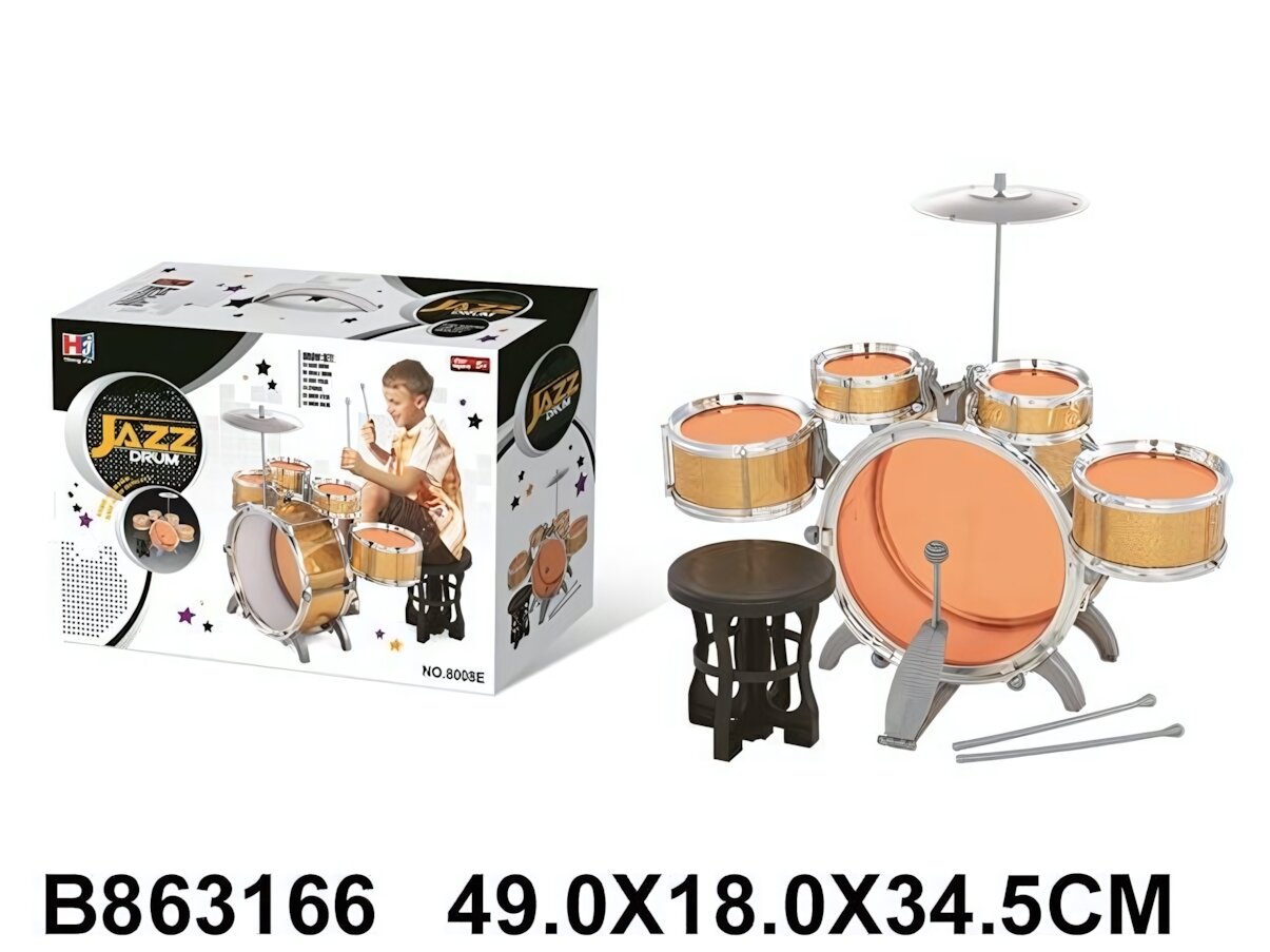 Детская барабанная установка «JAZZ DRUM» 8008E со стульчиком, тарелкой и палочками, для развития ритма