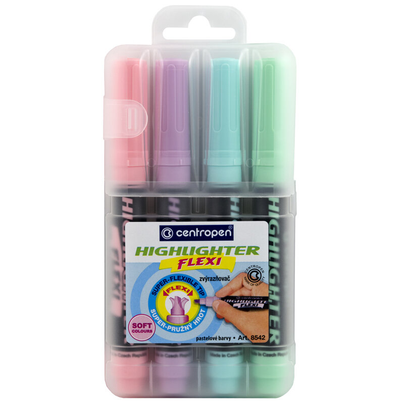 2 шт. Набор текстовыделителей Centropen "Flexi 8542" 4 пастельных цвета, 1-5мм, гибкий пишущий узел, футляр