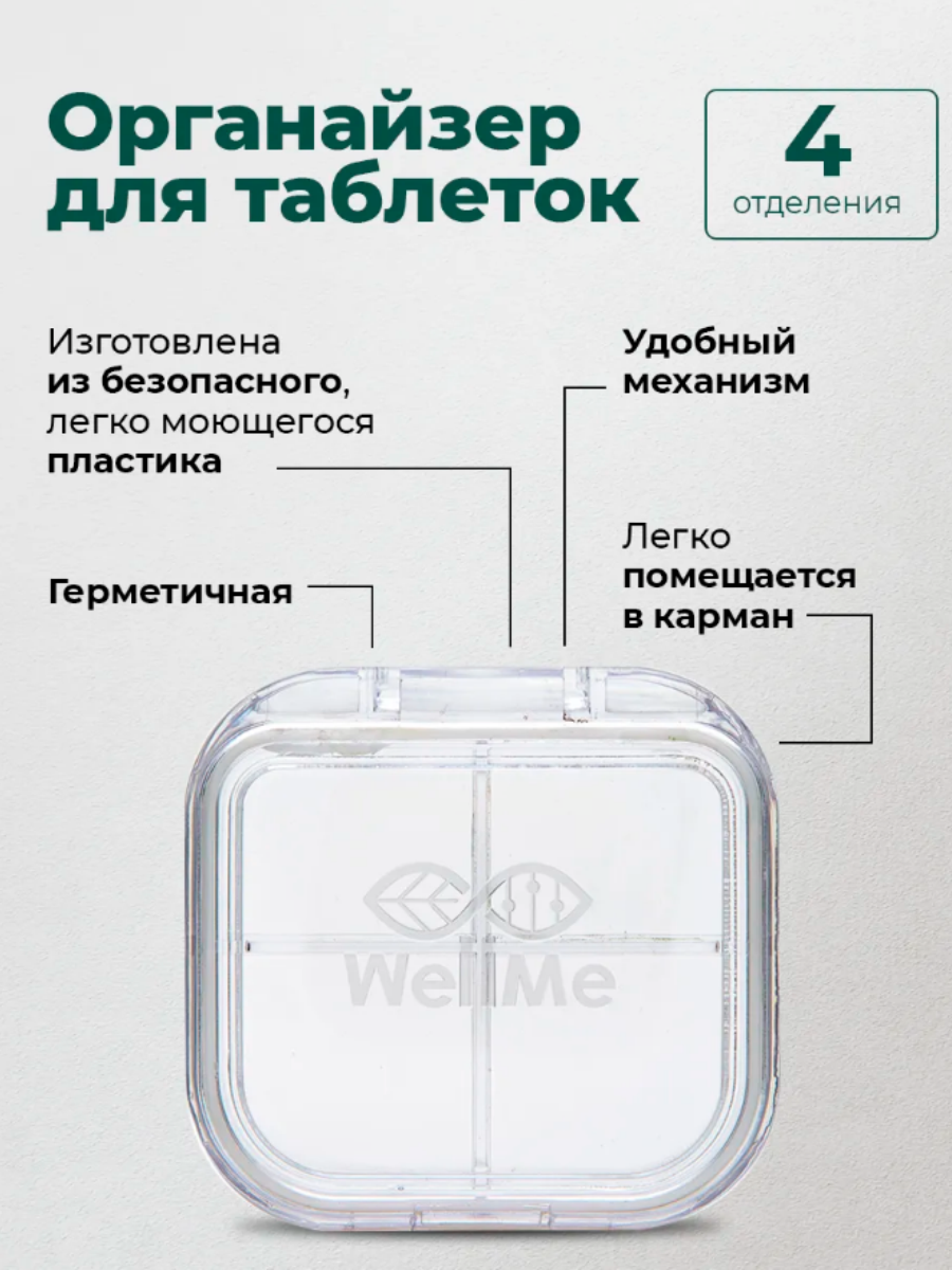Таблетница, органайзер для лекарств прозрачный, WellMe