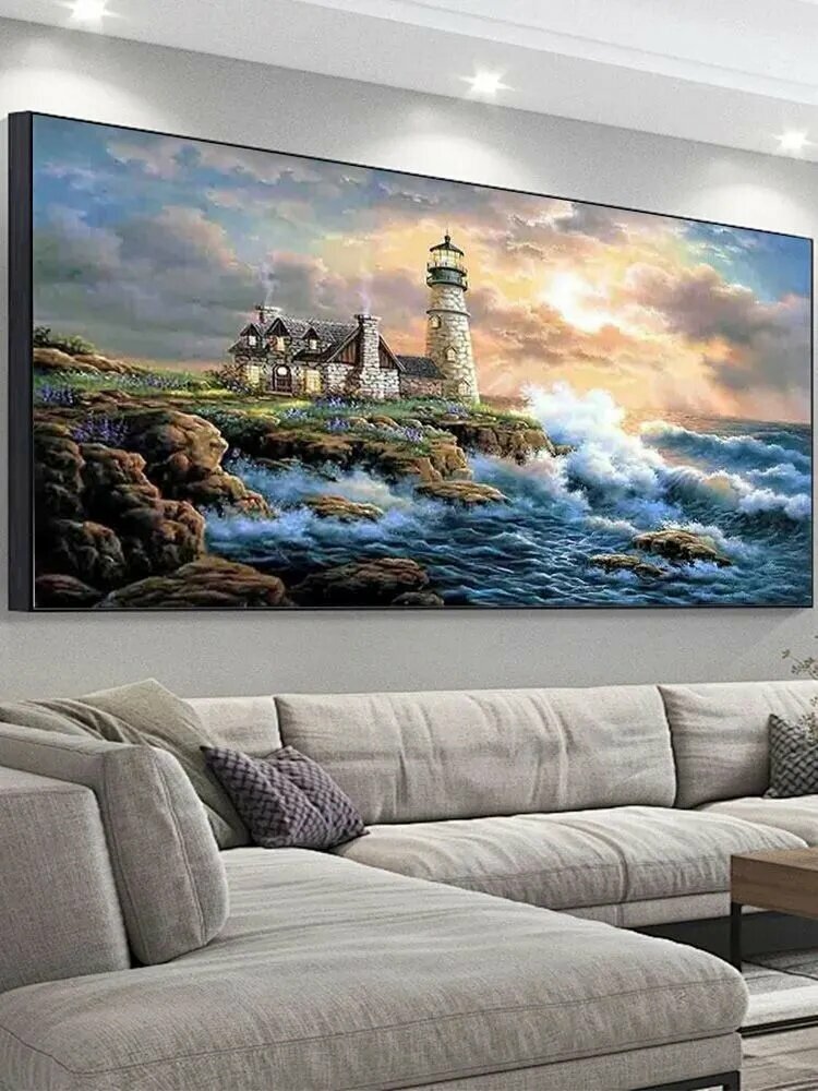 140X50 CM/Алмазная мозаика "Морской маяк " / Алмазная вышивка / Круглая картина стразами Полная выкладка