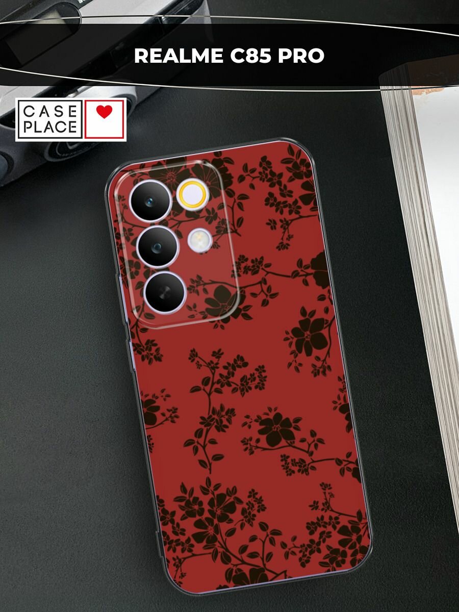 Чехол на Realme C85 Pro / Реалми C85 Про с принтом Черные цветы на красном