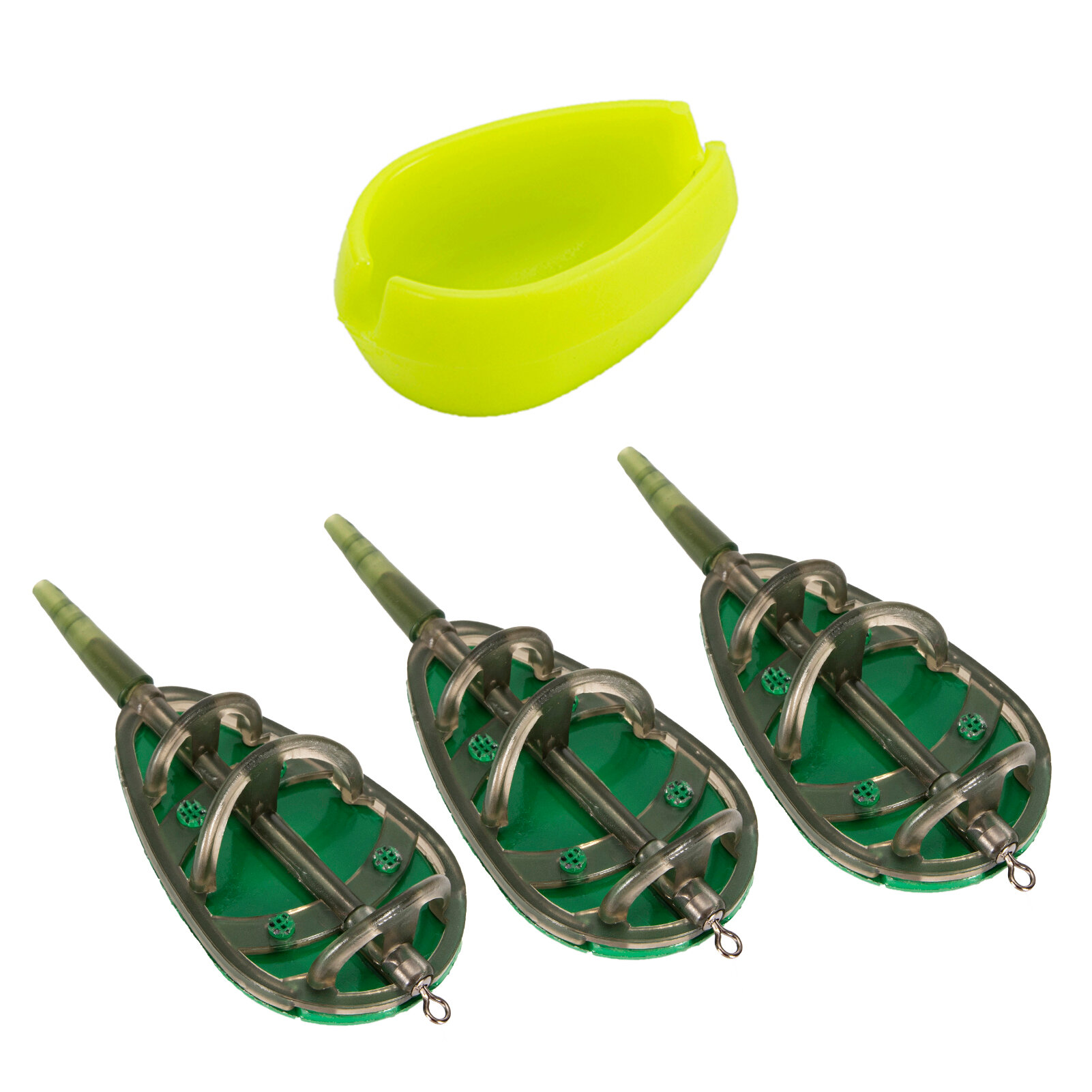 Inline Flat Method Feeder с быстрым откликом для ловли карпа, Молды Bait Holder Tool, Материал: ABS Свинец, Цвет: Зеленый, Вес: 170г/6.0 унции, Пакет: 1 * миска для приманки, 3 * приманки-доносы