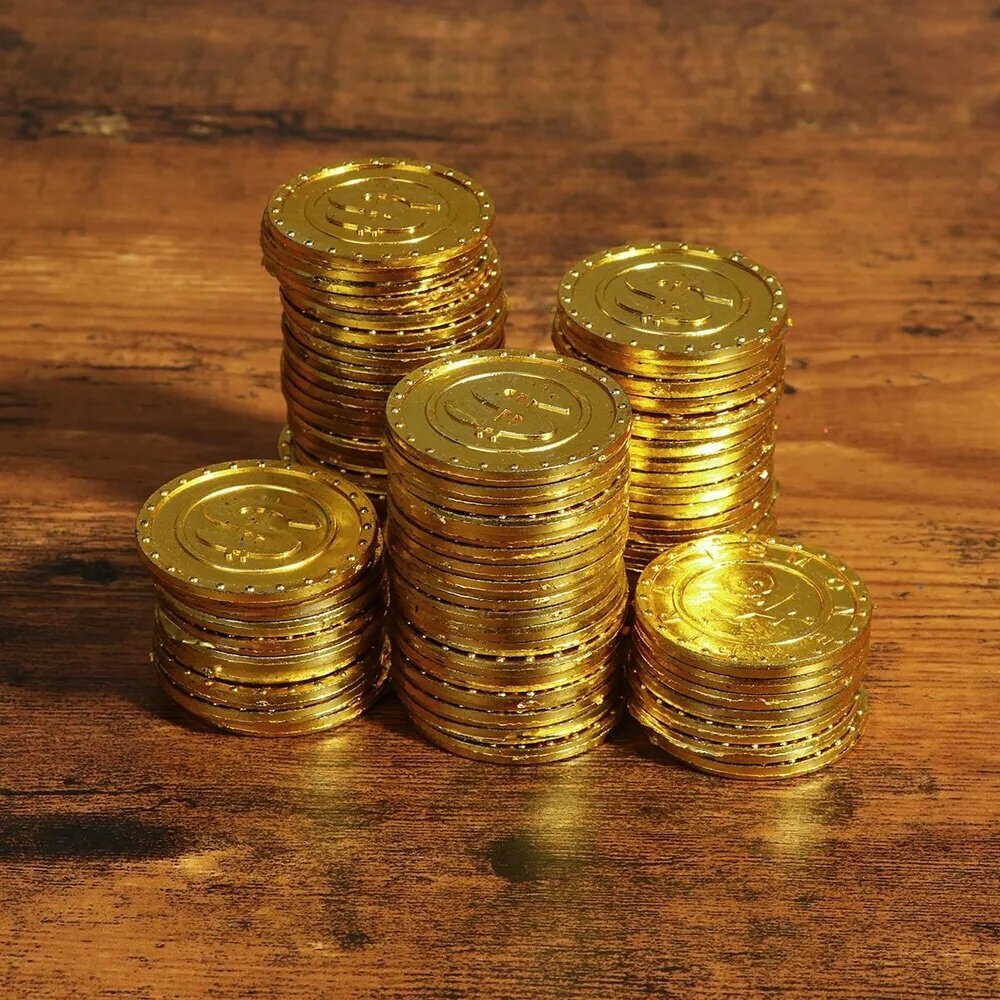 Золотые пиратские монеты из пластика 100 штук для украшения и игр детей