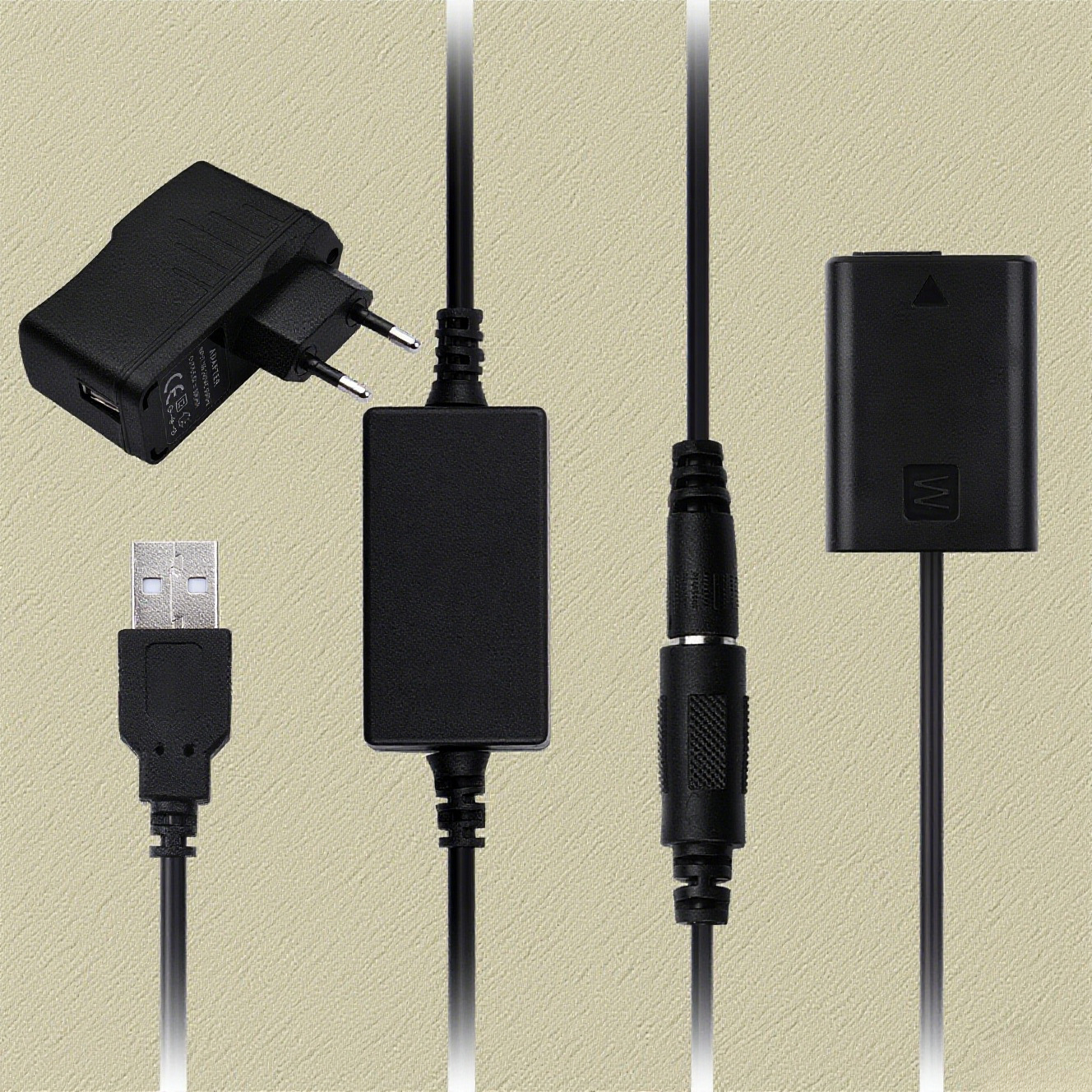 DR-FW50 DC Coupler Dummy Battery, замена батареи NP-FW50, с USB DC Converter Power Cable и Wall Plug, EU plug, AC 100-240V, USB 5V 2A-4A, DC Output 8V, DC Jack 5.5*2.1mm, длина кабеля 200cm, вес 137g, совместимый с Sony A7 A7R A7S A7M A7II A7S2 A7M2 A7R2