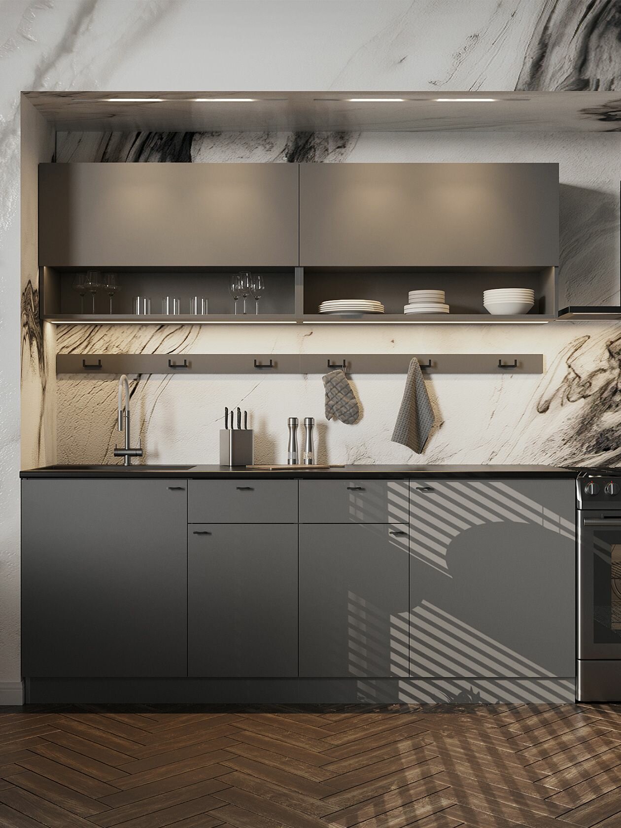 Кухонный гарнитур Энни 2 м, мебель для дома и кухни, Графит серый / столешница Черный