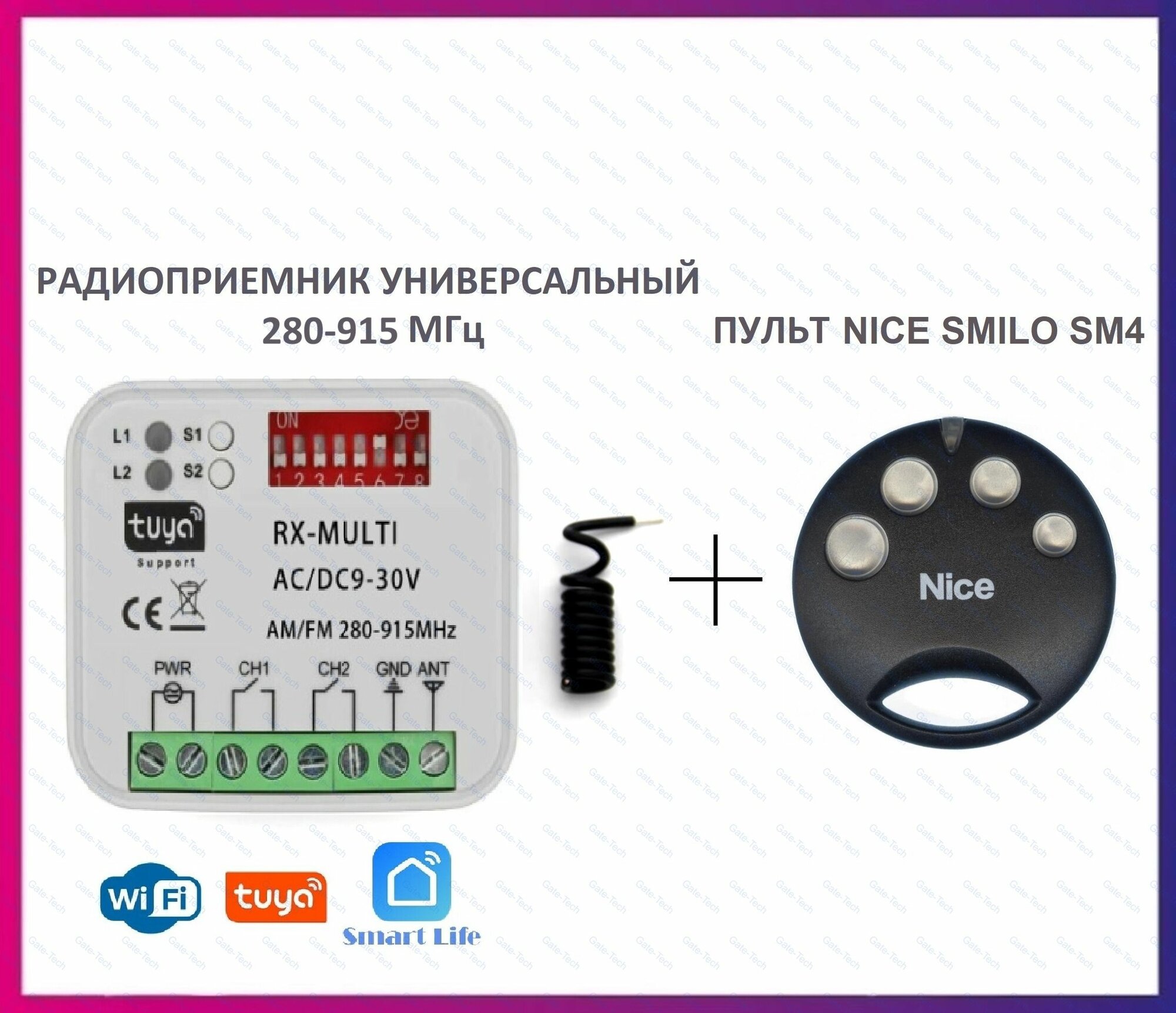 Радиоприемник внешний универсальный 2-х канальный для ворот и шлагбаумов RX-MULTI Wi-Fi Tuya Smart 300-868MHz AC/DC9-30v (мультичастотный) + пульт Nice Smilo SM4