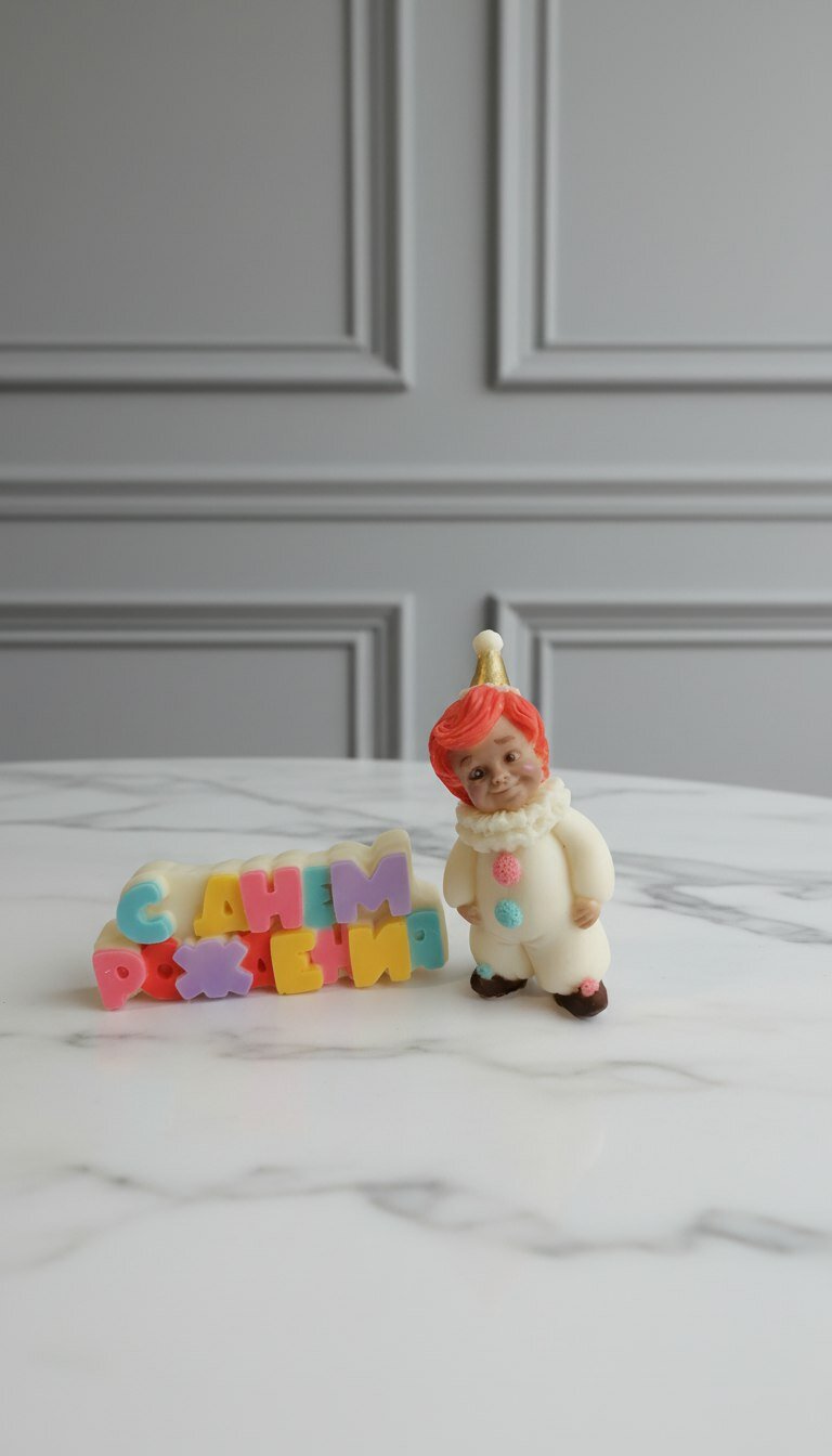 Шоколадная фигурка клоун и надпись с днем рождения