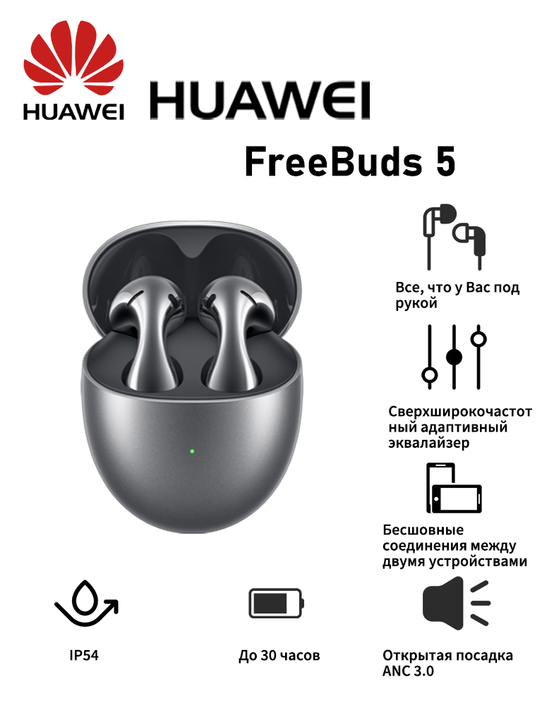 Наушники HUAWEI FreeBuds 5, беспроводные, шумоподавление, черные