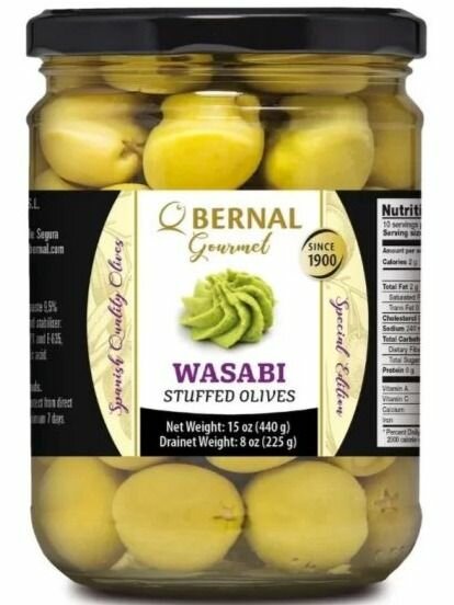 Оливки BERNAL, фаршированные пастой васаби, в рассоле, 436г, Испания